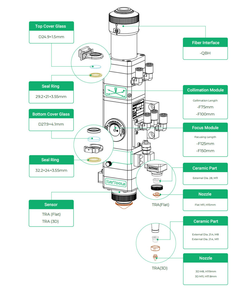 RayTools BT220 0-2kW Manual Focus Fiber Laser Cutting Head - YUPEC Laser